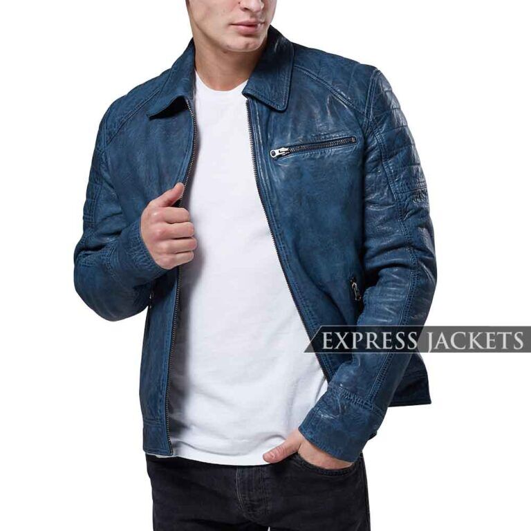Distressed Blue Leather Jacket | Vintage Blue Jacket Men's
